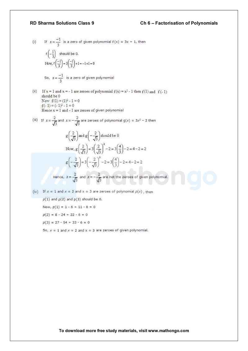 RD Sharma Class 9 Solutions Chapter 6 – Factorization of Polynomials – MathonGo