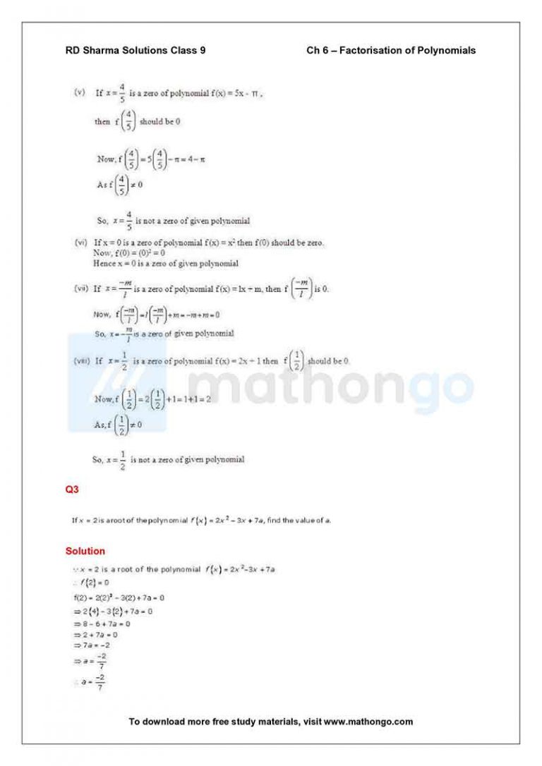 RD Sharma Class 9 Solutions Chapter 6 – Factorization of Polynomials ...