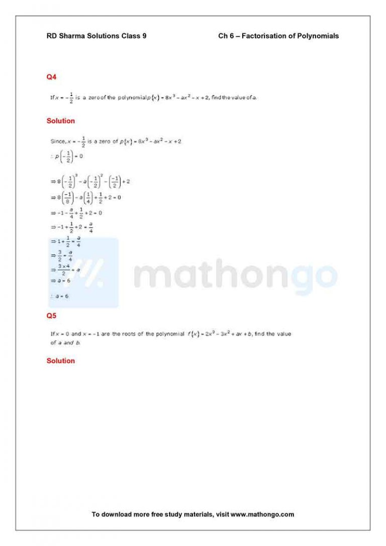 RD Sharma Class 9 Solutions Chapter 6 – Factorization of Polynomials ...