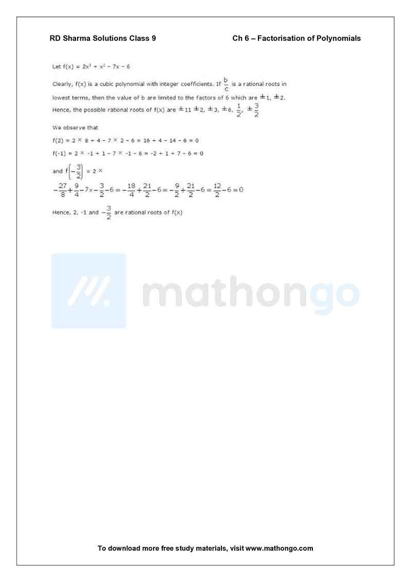 RD Sharma Class 9 Solutions Chapter 6 – Factorization of Polynomials ...