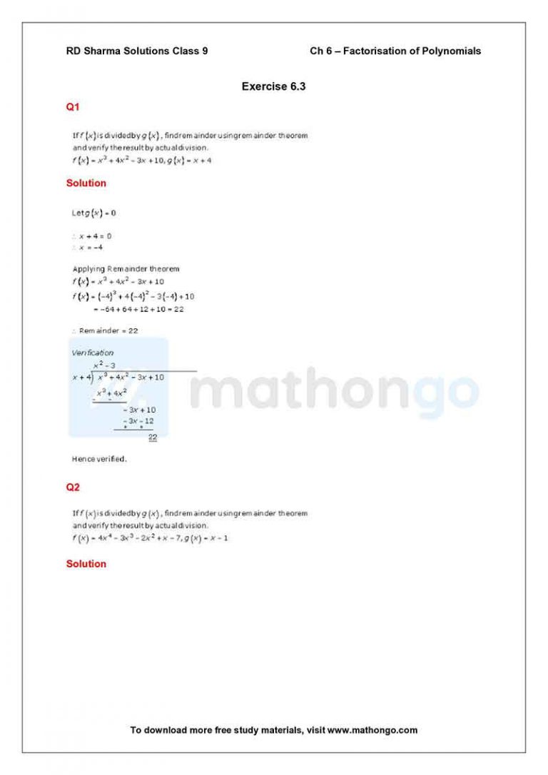 RD Sharma Class 9 Solutions Chapter 6 – Factorization of Polynomials ...