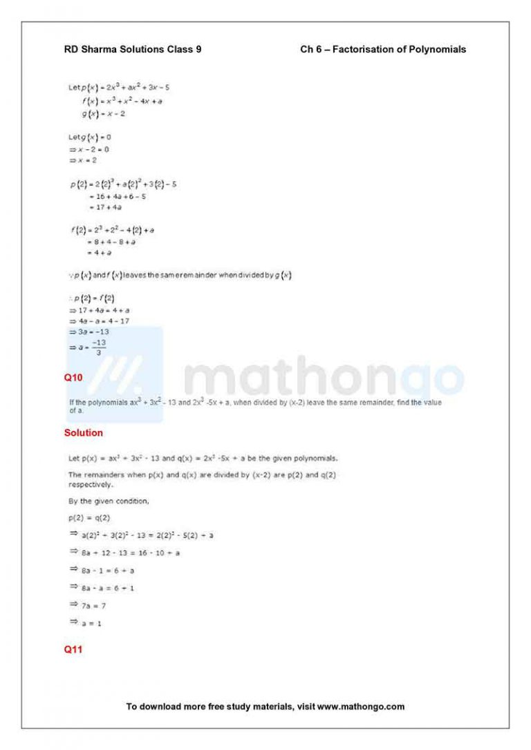 RD Sharma Class 9 Solutions Chapter 6 – Factorization of Polynomials ...
