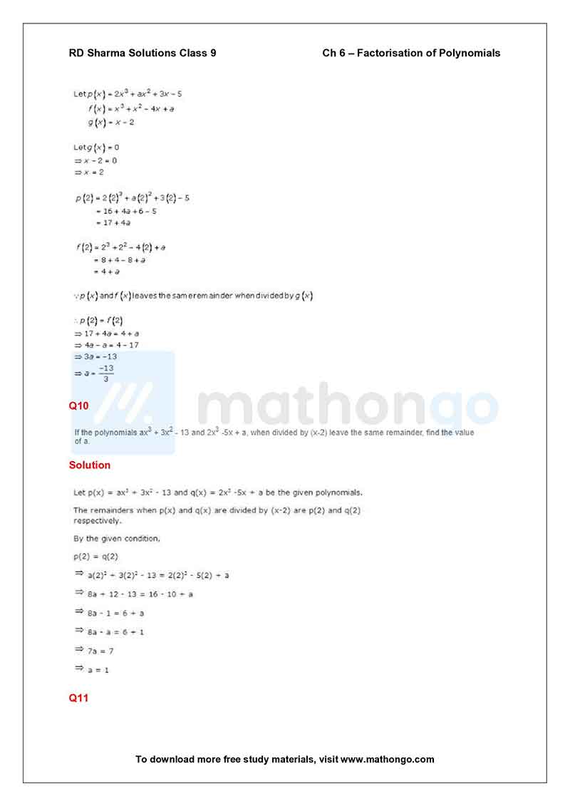 RD Sharma Class 9 Solutions Chapter 6 – Factorization of Polynomials ...