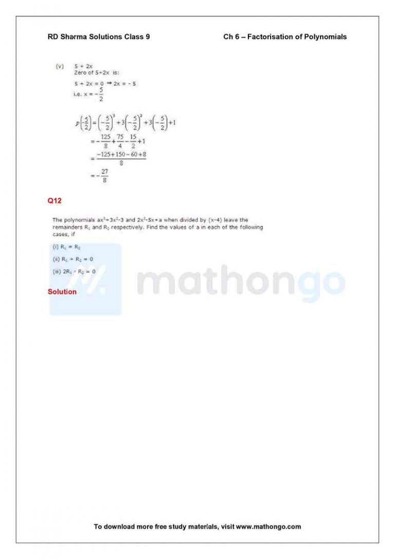 RD Sharma Class 9 Solutions Chapter 6 – Factorization of Polynomials ...