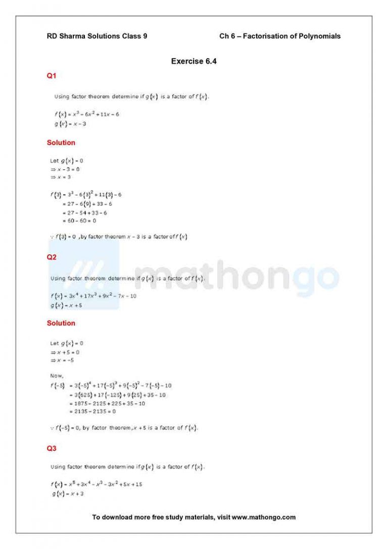 RD Sharma Class 9 Solutions Chapter 6 – Factorization of Polynomials – MathonGo