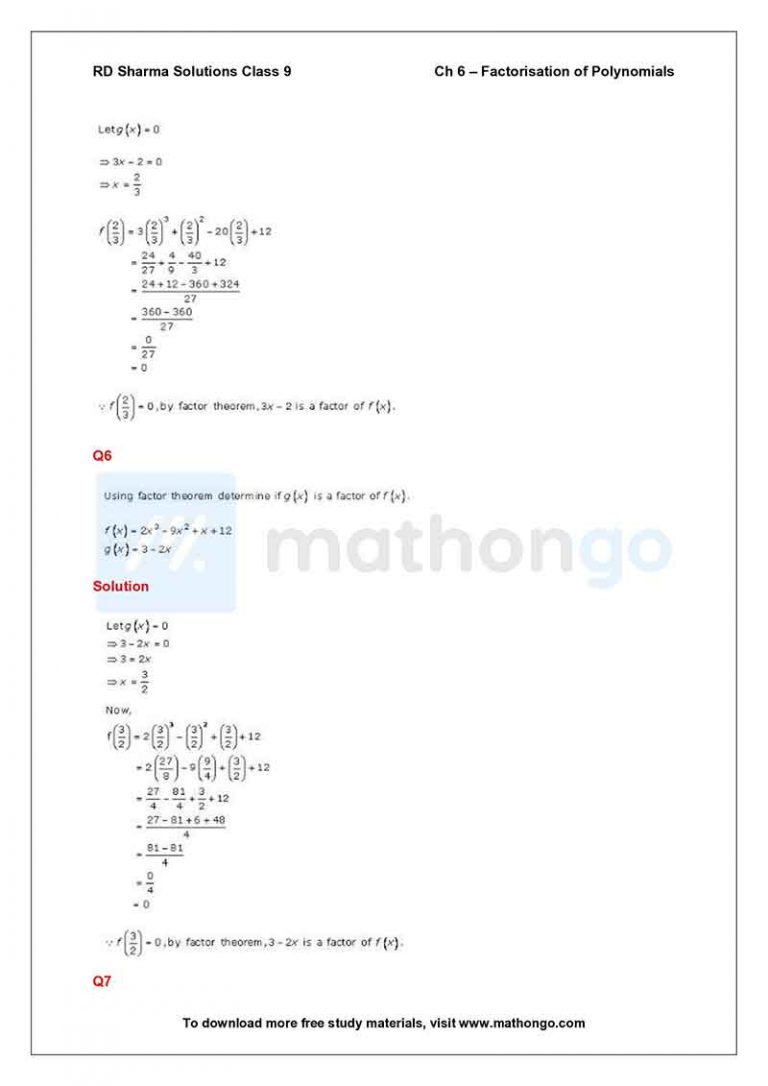 RD Sharma Class 9 Solutions Chapter 6 – Factorization of Polynomials – MathonGo