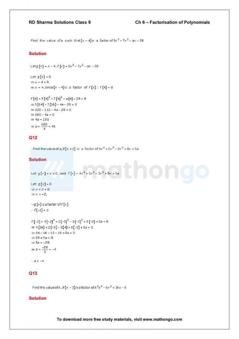 RD Sharma Class 9 Solutions Chapter 6 – Factorization of Polynomials ...
