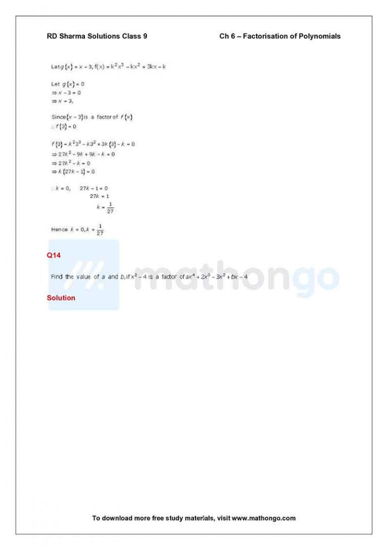 RD Sharma Class 9 Solutions Chapter 6 – Factorization of Polynomials ...