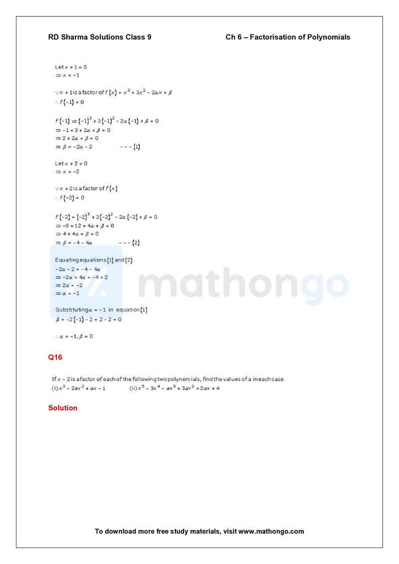 RD Sharma Class 9 Solutions Chapter 6 – Factorization of Polynomials ...
