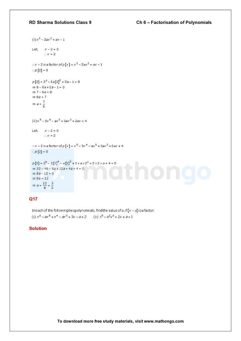 RD Sharma Class 9 Solutions Chapter 6 – Factorization of Polynomials ...