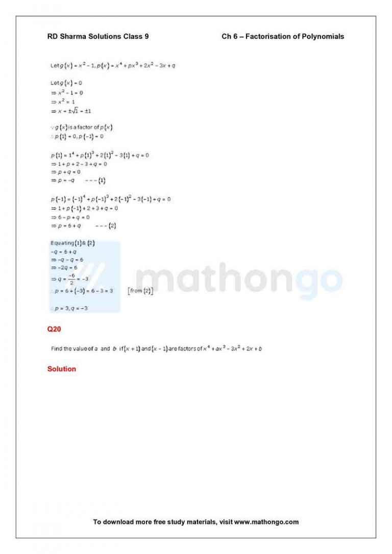 RD Sharma Class 9 Solutions Chapter 6 – Factorization of Polynomials ...