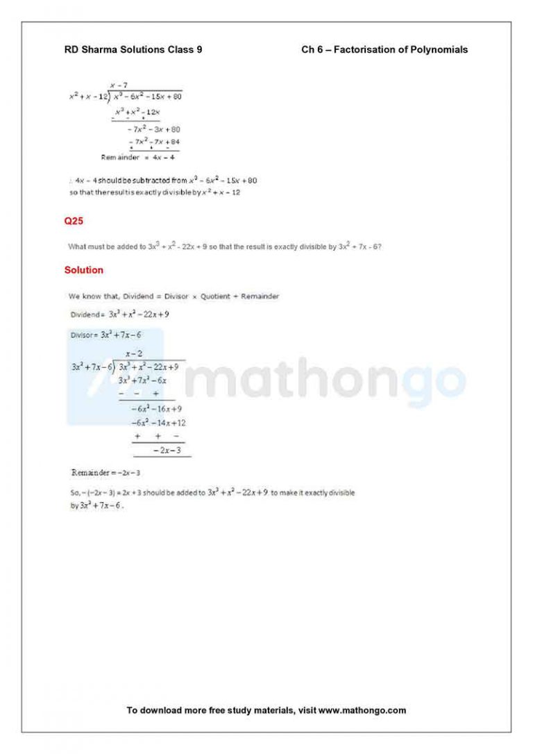 RD Sharma Class 9 Solutions Chapter 6 – Factorization of Polynomials ...