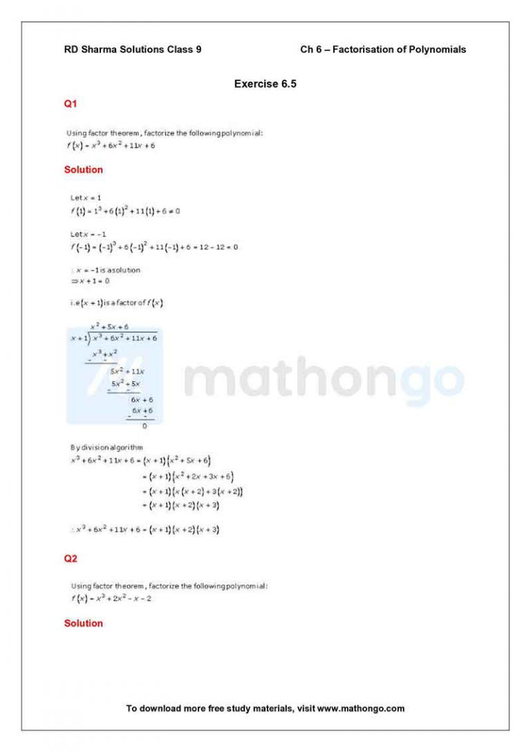 RD Sharma Class 9 Solutions Chapter 6 – Factorization of Polynomials – MathonGo