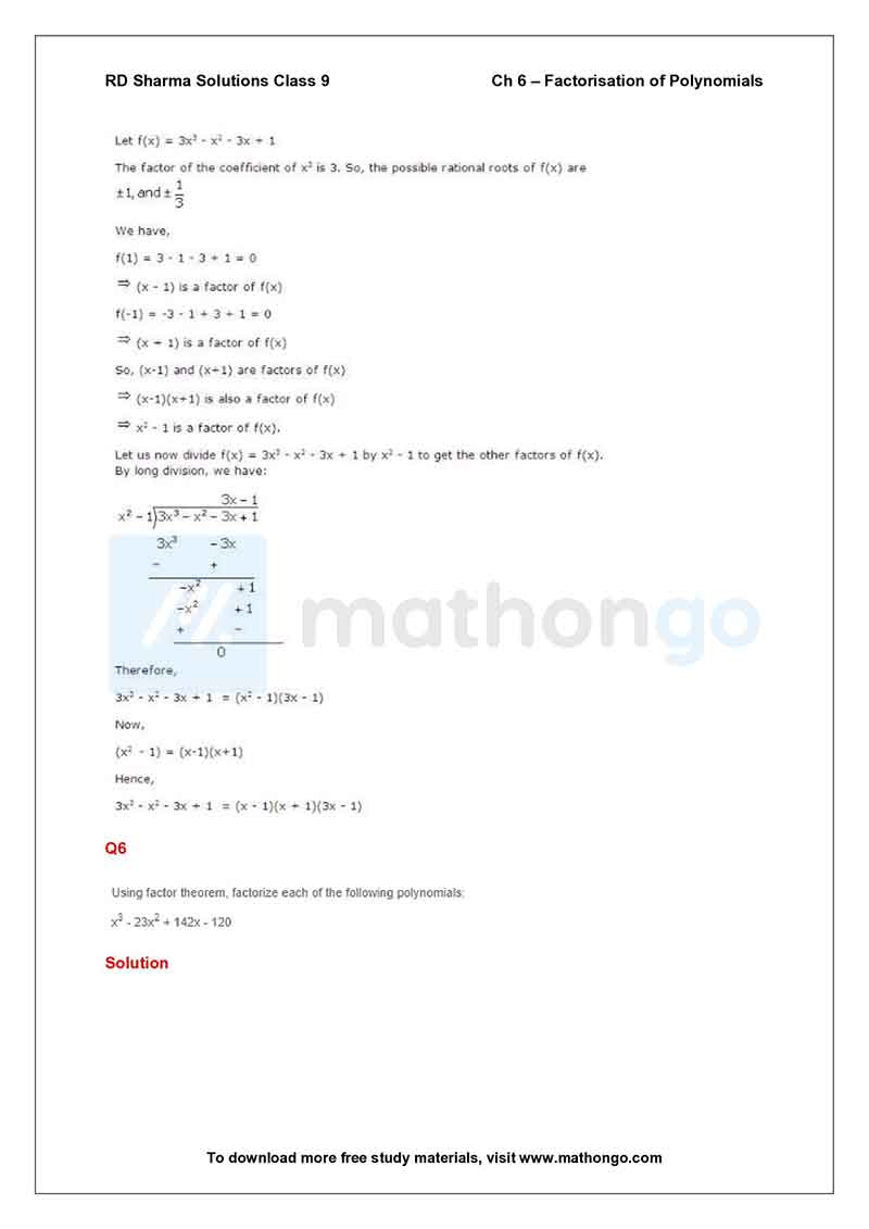 RD Sharma Class 9 Solutions Chapter 6 – Factorization of Polynomials ...