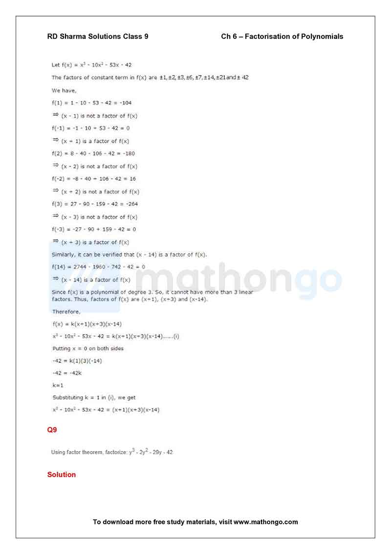 RD Sharma Class 9 Solutions Chapter 6 – Factorization of Polynomials ...