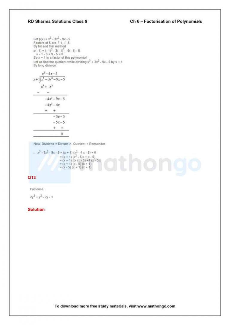 RD Sharma Class 9 Solutions Chapter 6 – Factorization of Polynomials ...