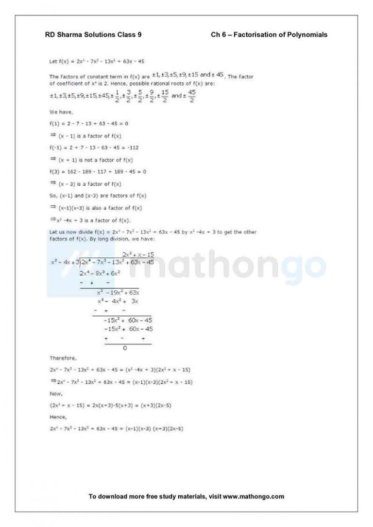 RD Sharma Class 9 Solutions Chapter 6 – Factorization of Polynomials – MathonGo
