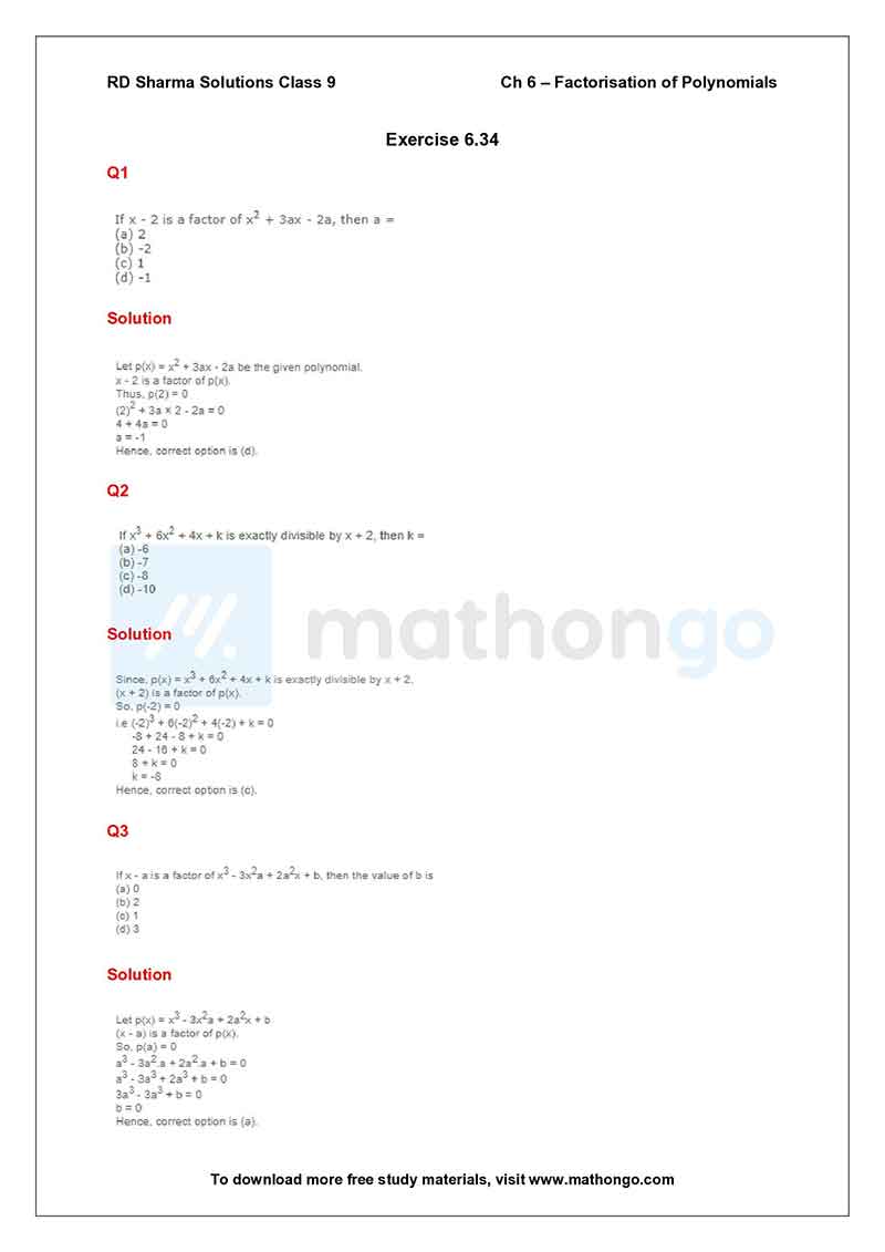 RD Sharma Class 9 Solutions Chapter 6 – Factorization of Polynomials ...