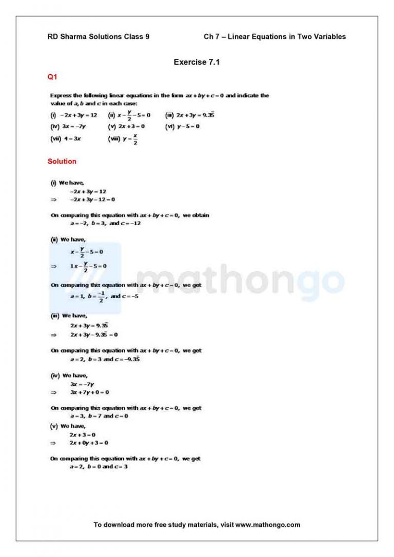 RD Sharma Class 9 Solutions Chapter 7 – Linear Equations in Two ...