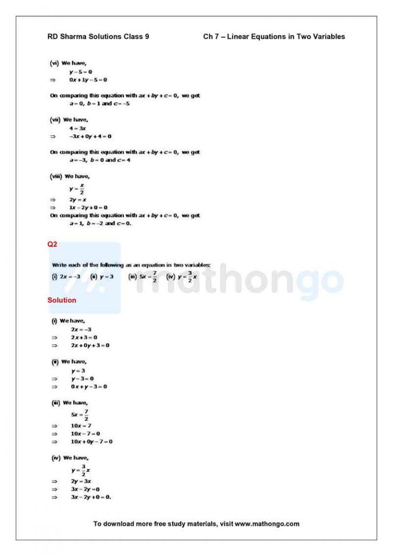 RD Sharma Class 9 Solutions Chapter 7 – Linear Equations in Two Variables – MathonGo