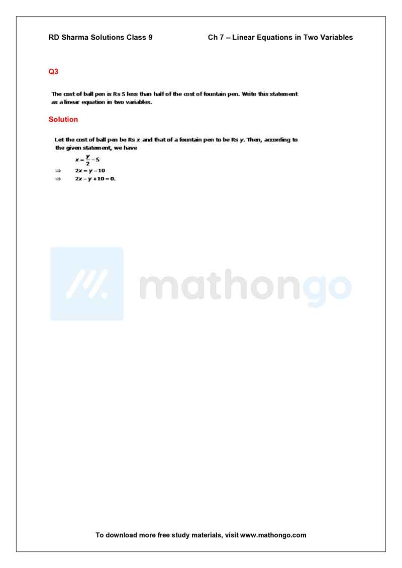 RD Sharma Class 9 Solutions Chapter 7 – Linear Equations in Two ...