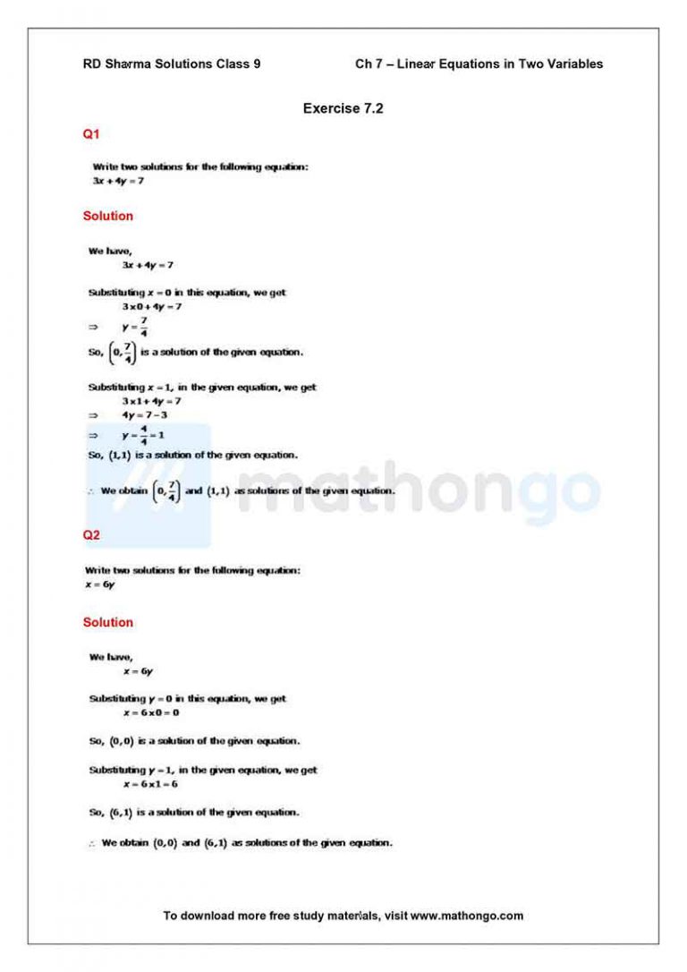 RD Sharma Class 9 Solutions Chapter 7 – Linear Equations in Two ...