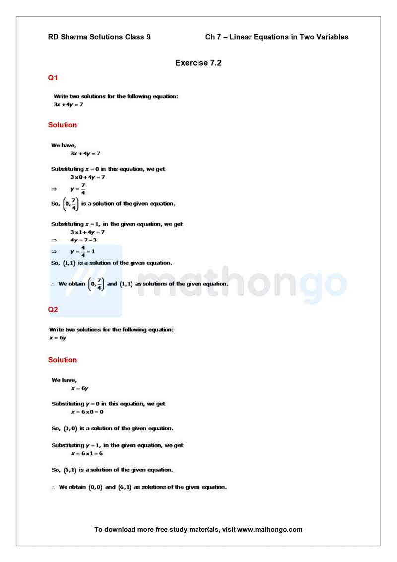 RD Sharma Class 9 Solutions Chapter 7 – Linear Equations in Two ...