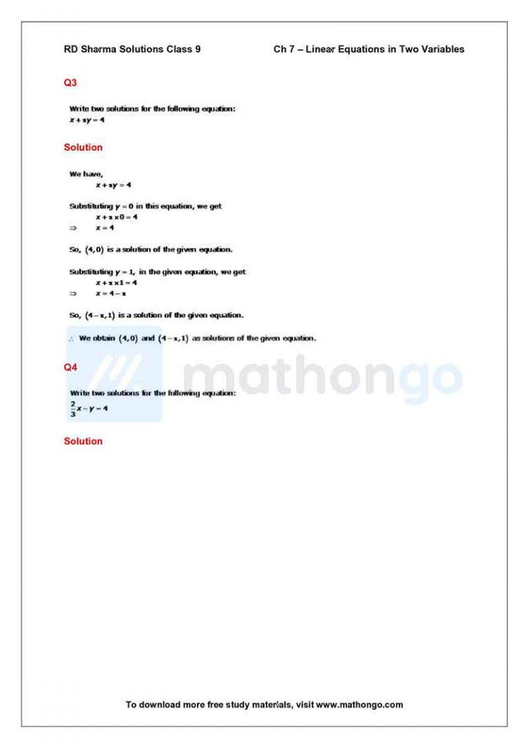 RD Sharma Class 9 Solutions Chapter 7 – Linear Equations in Two ...