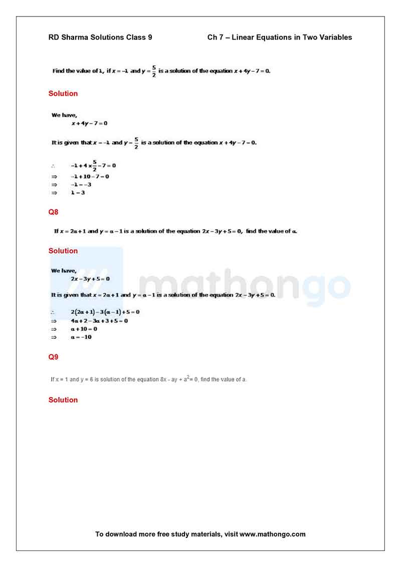 RD Sharma Class 9 Solutions Chapter 7 – Linear Equations in Two ...