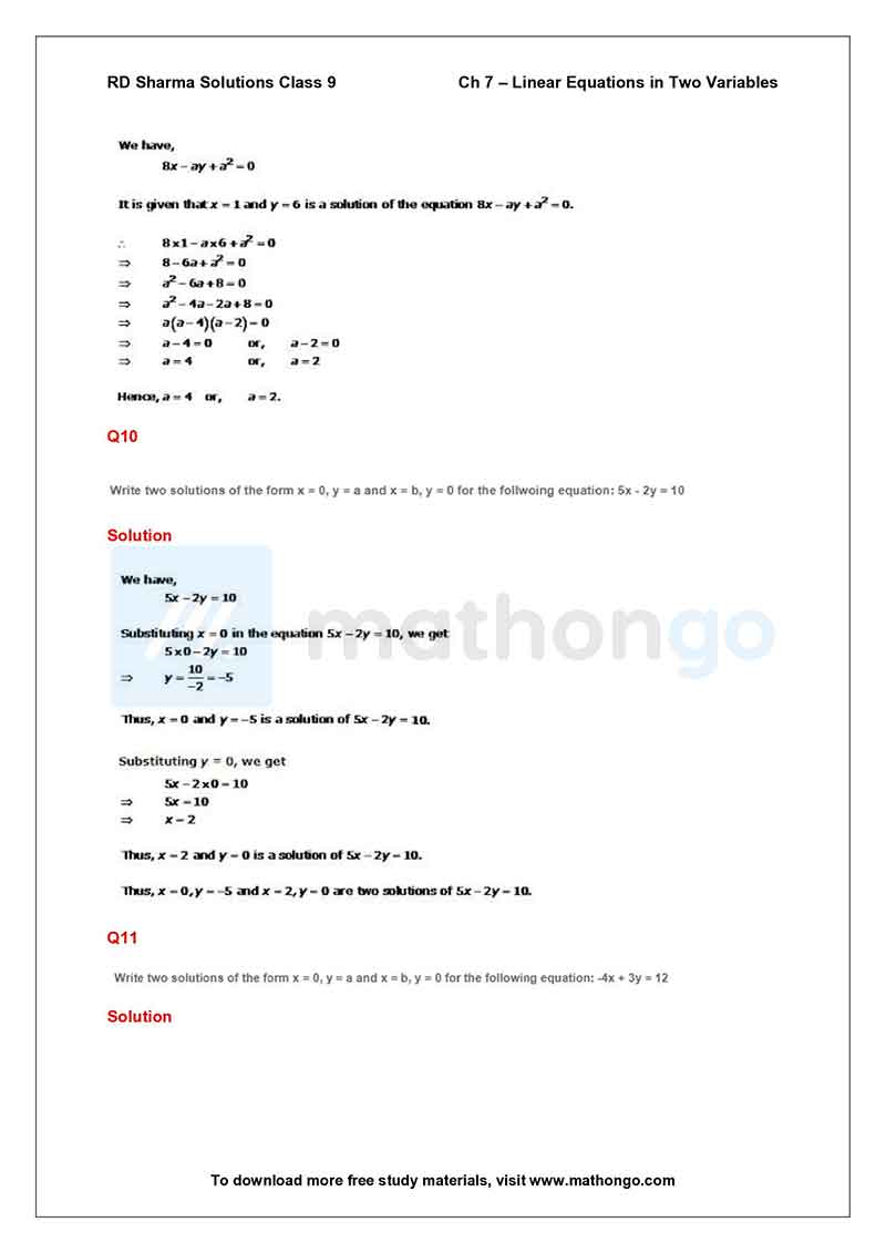 RD Sharma Class 9 Solutions Chapter 7 – Linear Equations in Two ...