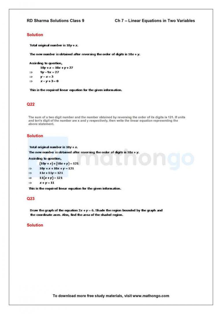 RD Sharma Class 9 Solutions Chapter 7 – Linear Equations in Two ...