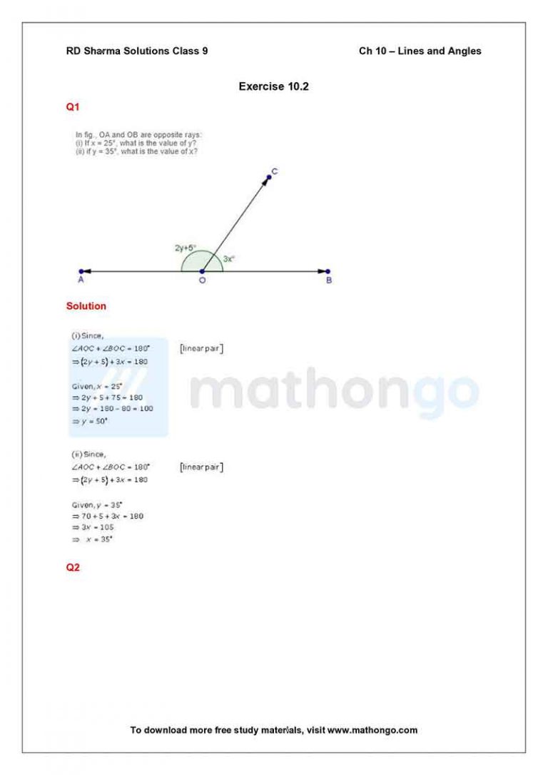 RD Sharma Class 9 Solutions Chapter 10 – Lines and Angles – MathonGo