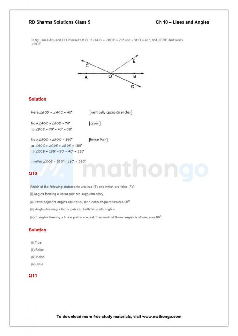 RD Sharma Class 9 Solutions Chapter 10 – Lines and Angles – MathonGo