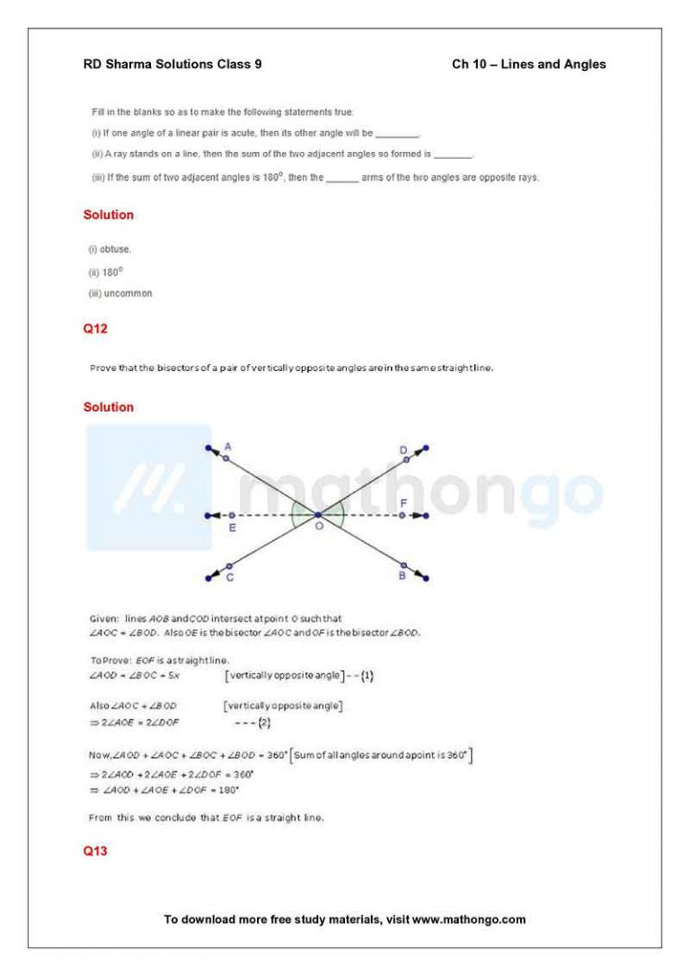 RD Sharma Class 9 Solutions Chapter 10 – Lines and Angles – MathonGo