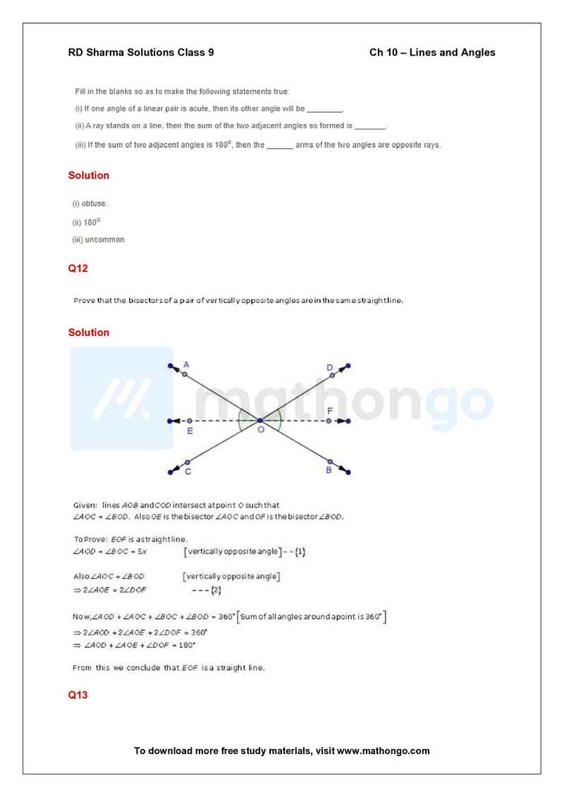 RD Sharma Class 9 Solutions Chapter 10 – Lines and Angles – MathonGo