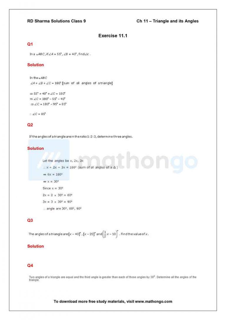 RD Sharma Class 9 Solutions Chapter 11 – Triangle and its Angles – MathonGo