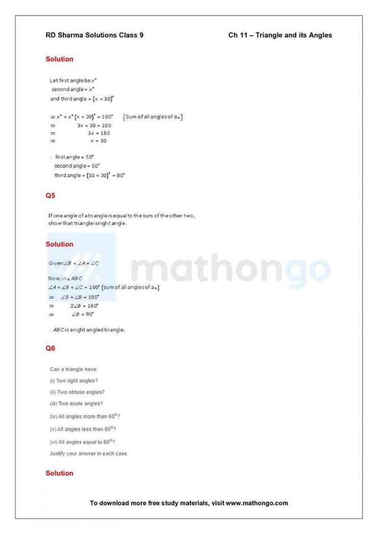 RD Sharma Class 9 Solutions Chapter 11 – Triangle and its Angles – MathonGo