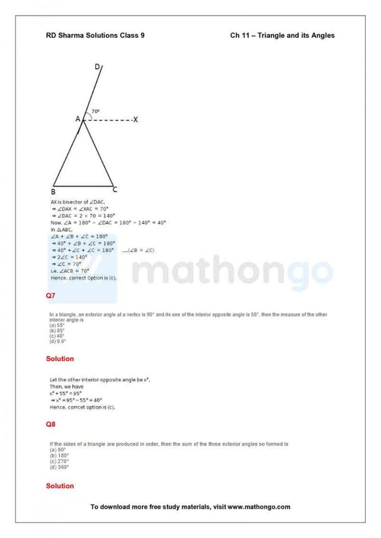 RD Sharma Class 9 Solutions Chapter 11 – Triangle and its Angles – MathonGo