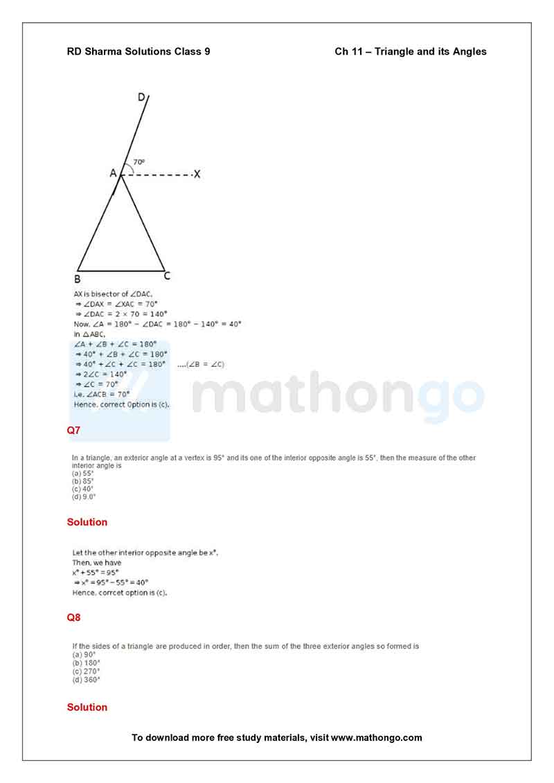 RD Sharma Class 9 Solutions Chapter 11 – Triangle and its Angles – MathonGo