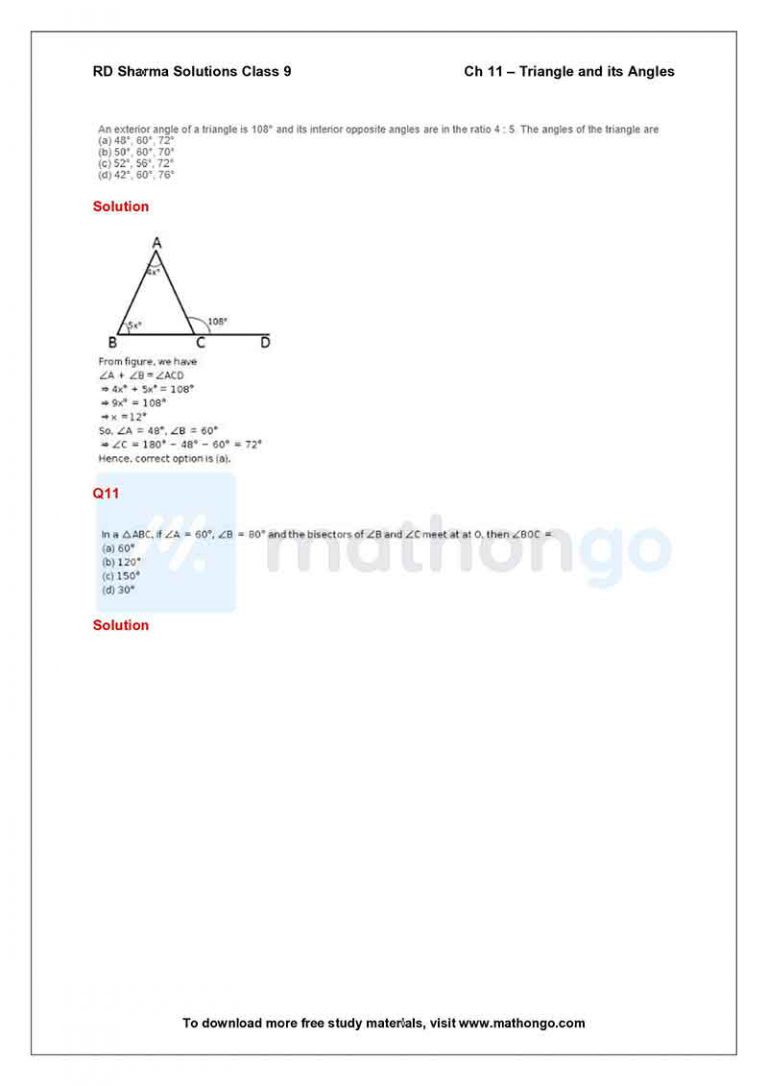 RD Sharma Class 9 Solutions Chapter 11 – Triangle and its Angles – MathonGo