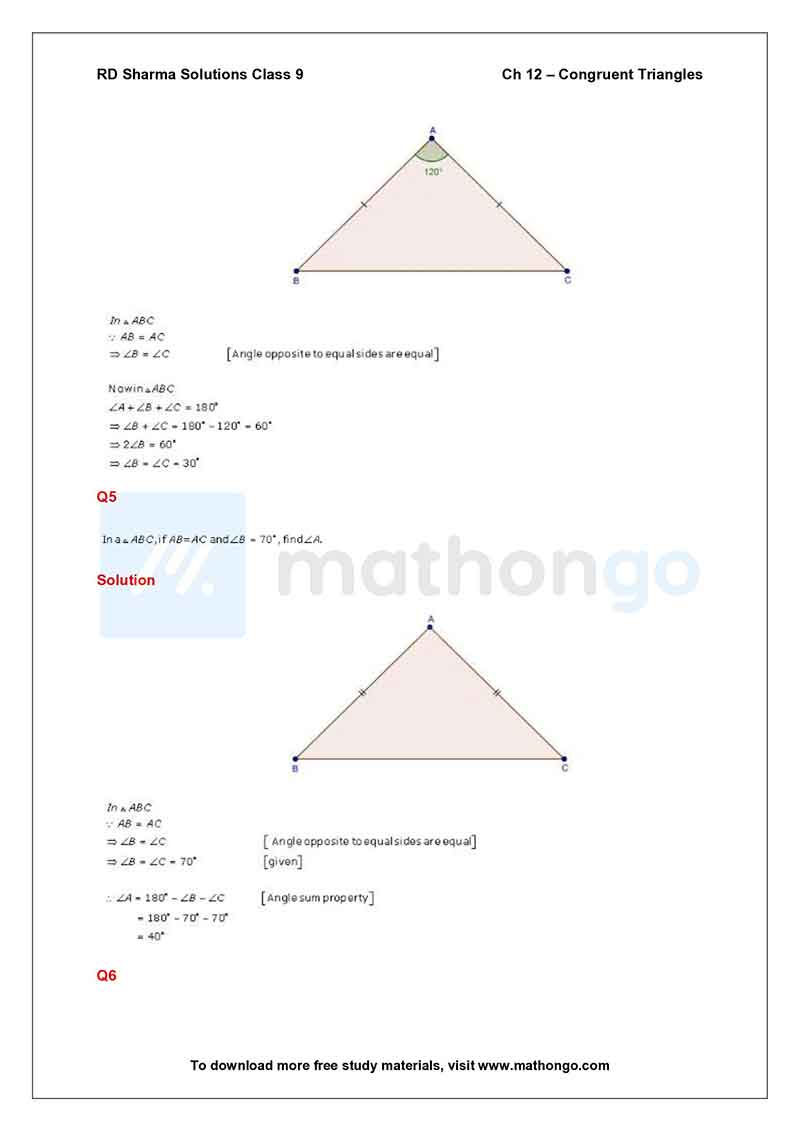 RD Sharma Class 9 Solutions Chapter 12 – Congruent Triangles – MathonGo