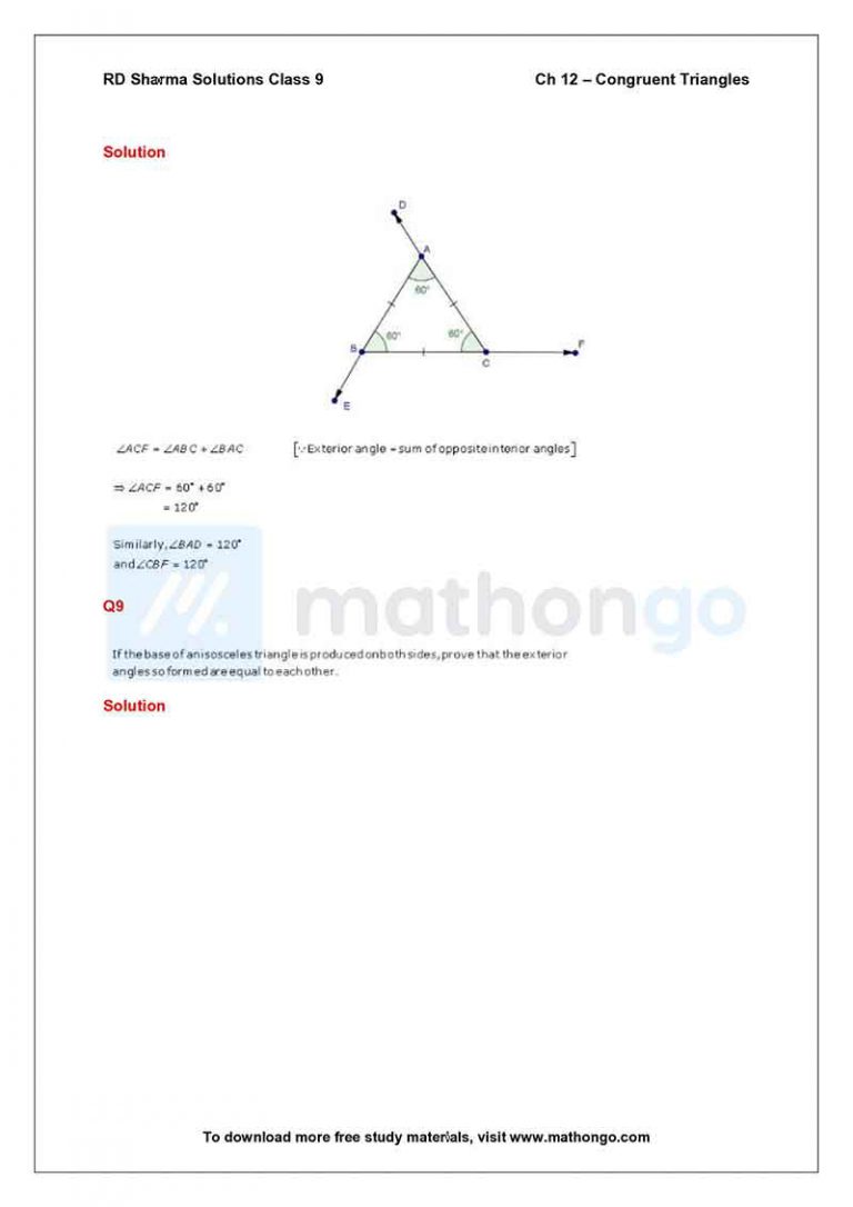 RD Sharma Class 9 Solutions Chapter 12 – Congruent Triangles – MathonGo