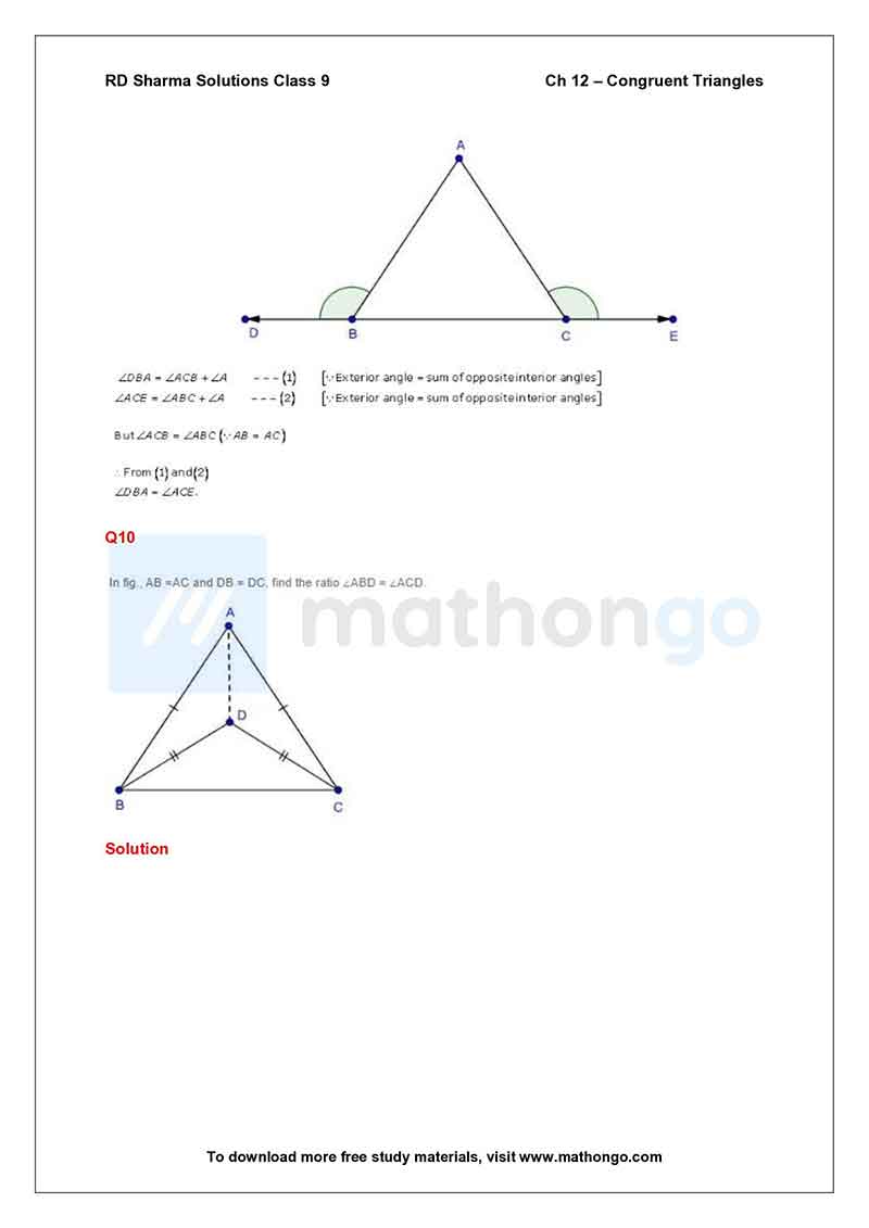 RD Sharma Class 9 Solutions Chapter 12 – Congruent Triangles – MathonGo