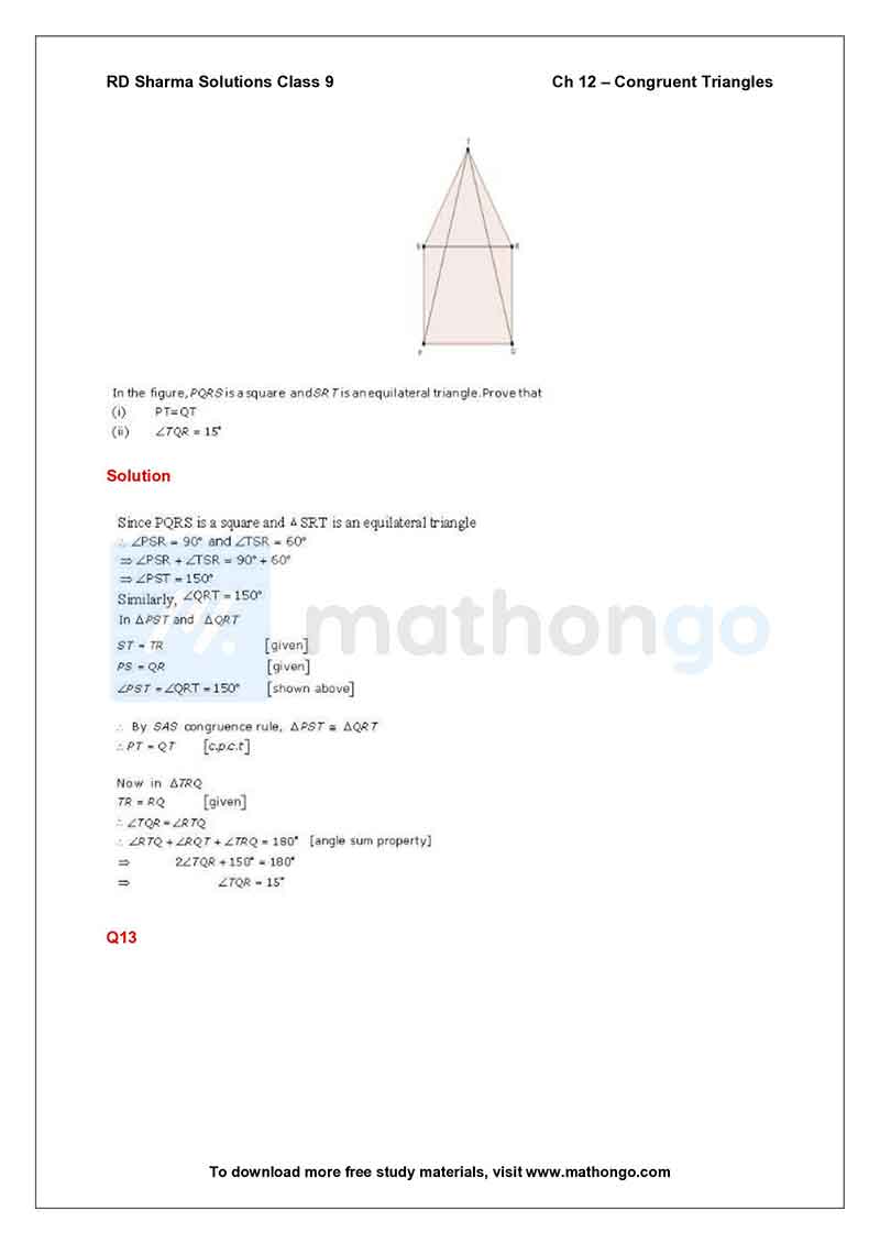 RD Sharma Class 9 Solutions Chapter 12 – Congruent Triangles – MathonGo