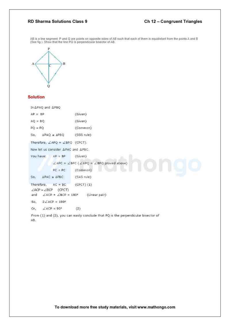 RD Sharma Class 9 Solutions Chapter 12 – Congruent Triangles – MathonGo