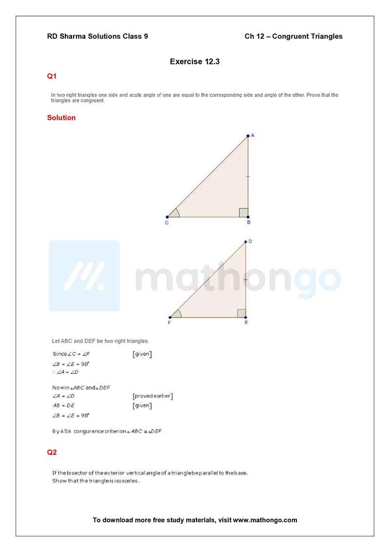 RD Sharma Class 9 Solutions Chapter 12 – Congruent Triangles – MathonGo
