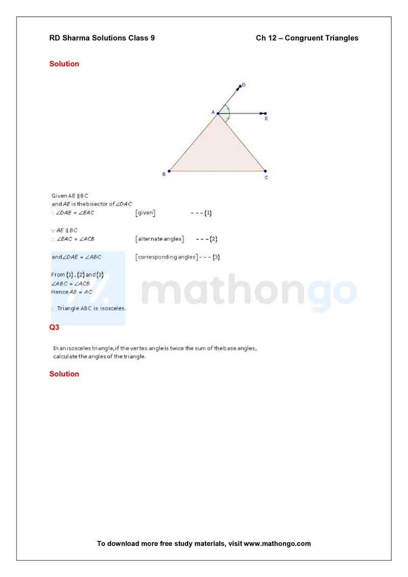 RD Sharma Class 9 Solutions Chapter 12 – Congruent Triangles – MathonGo