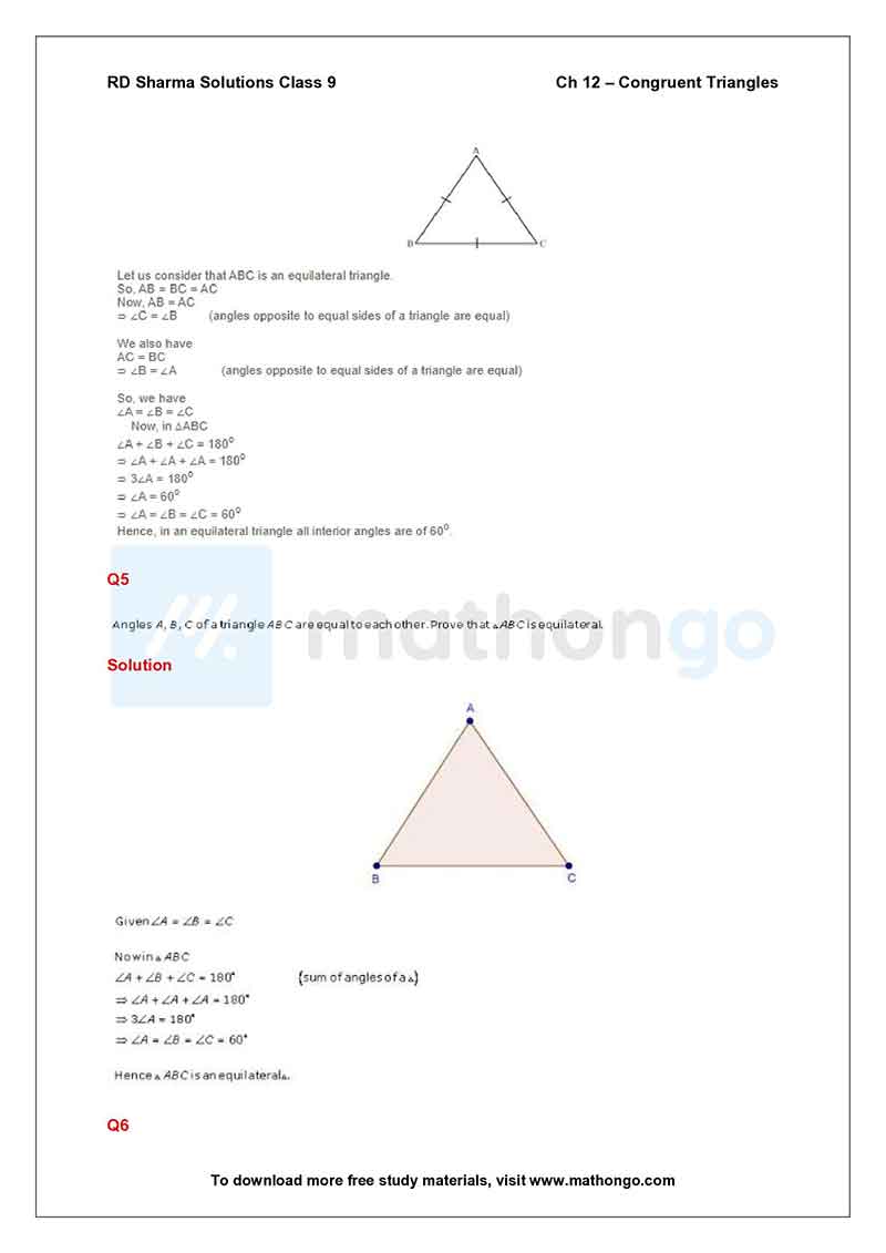 RD Sharma Class 9 Solutions Chapter 12 – Congruent Triangles – MathonGo