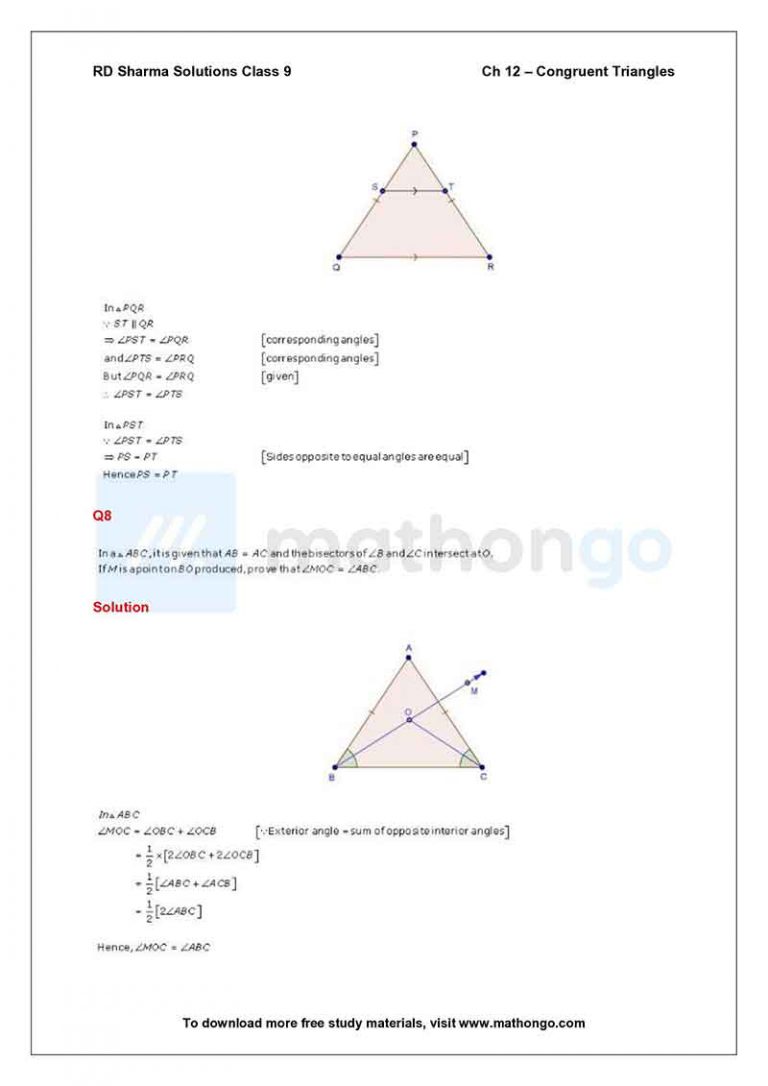 RD Sharma Class 9 Solutions Chapter 12 – Congruent Triangles – MathonGo