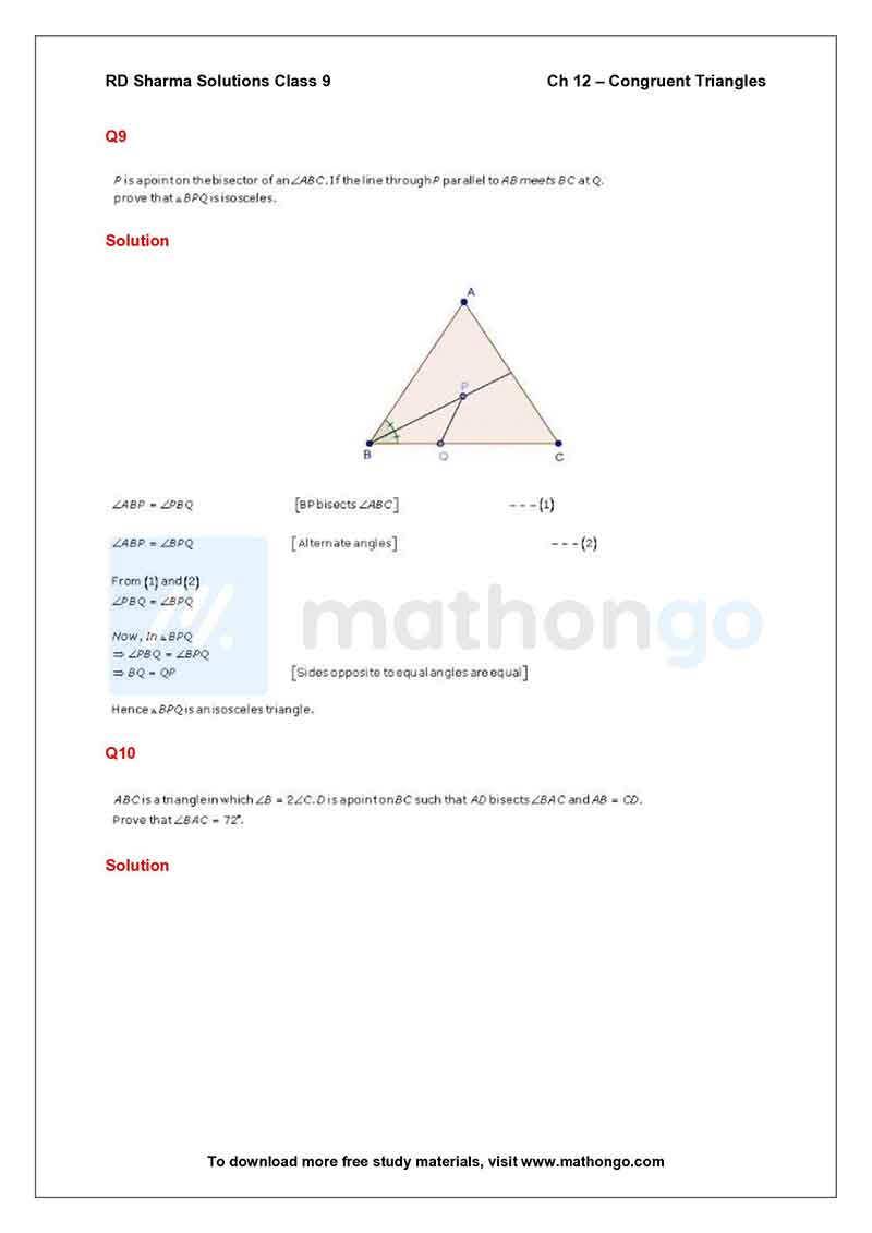 RD Sharma Class 9 Solutions Chapter 12 – Congruent Triangles – MathonGo
